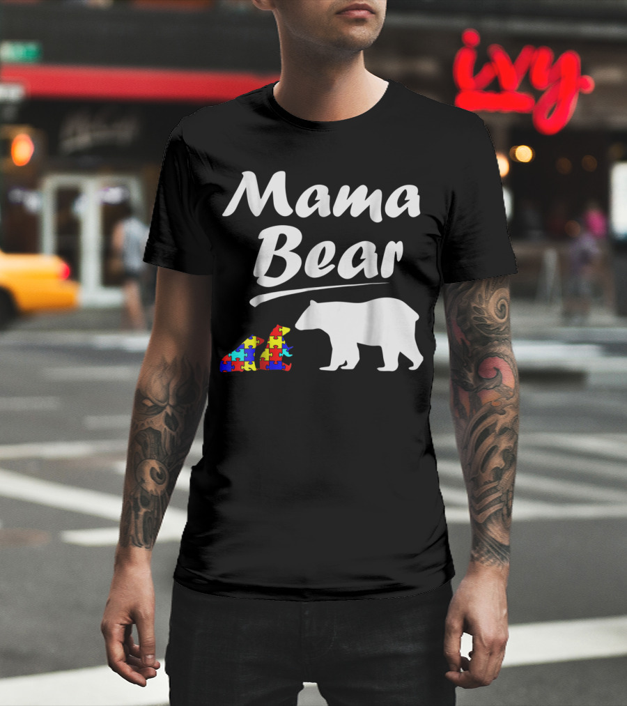 Mama Bear Autism Awareness Mom With Two Puzzle Piece Cubs T-Shirt