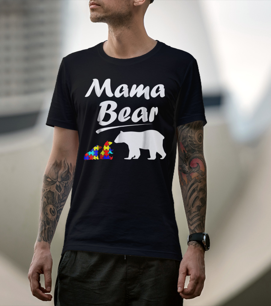 Mama Bear Autism Awareness Mom With Two Puzzle Piece Cubs T-Shirt