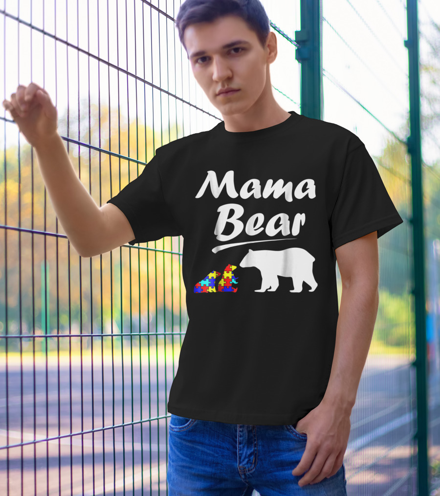 Mama Bear Autism Awareness Mom With Two Puzzle Piece Cubs T-Shirt