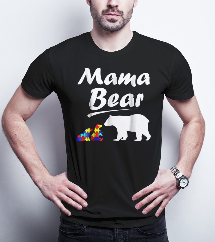 Mama Bear Autism Awareness Mom With Two Puzzle Piece Cubs T-Shirt