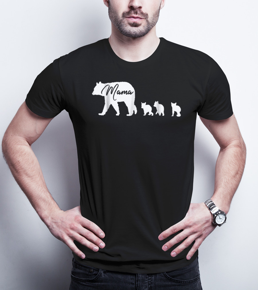 Mama Bear With Three Cubs Silhouette 图案 For Mother Bear T-Shirt