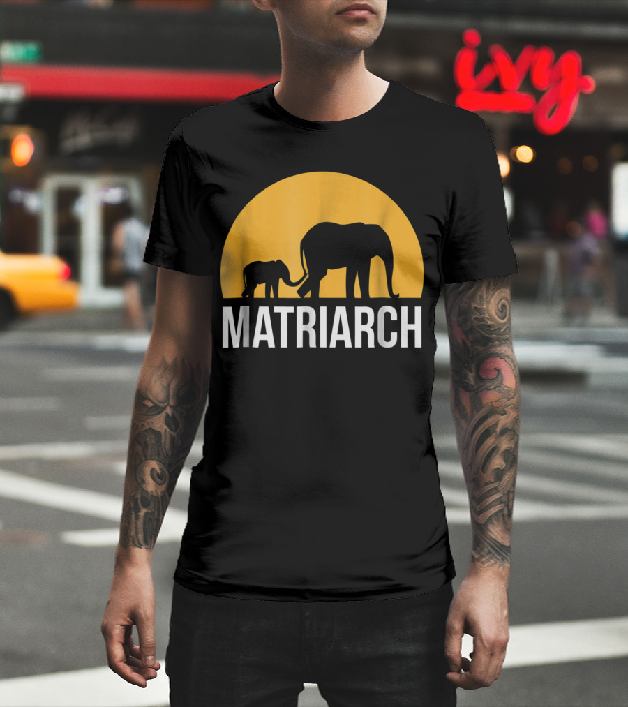 Matriarch Elephant Silhouette With Yellow Sunset Circle T-Shirt