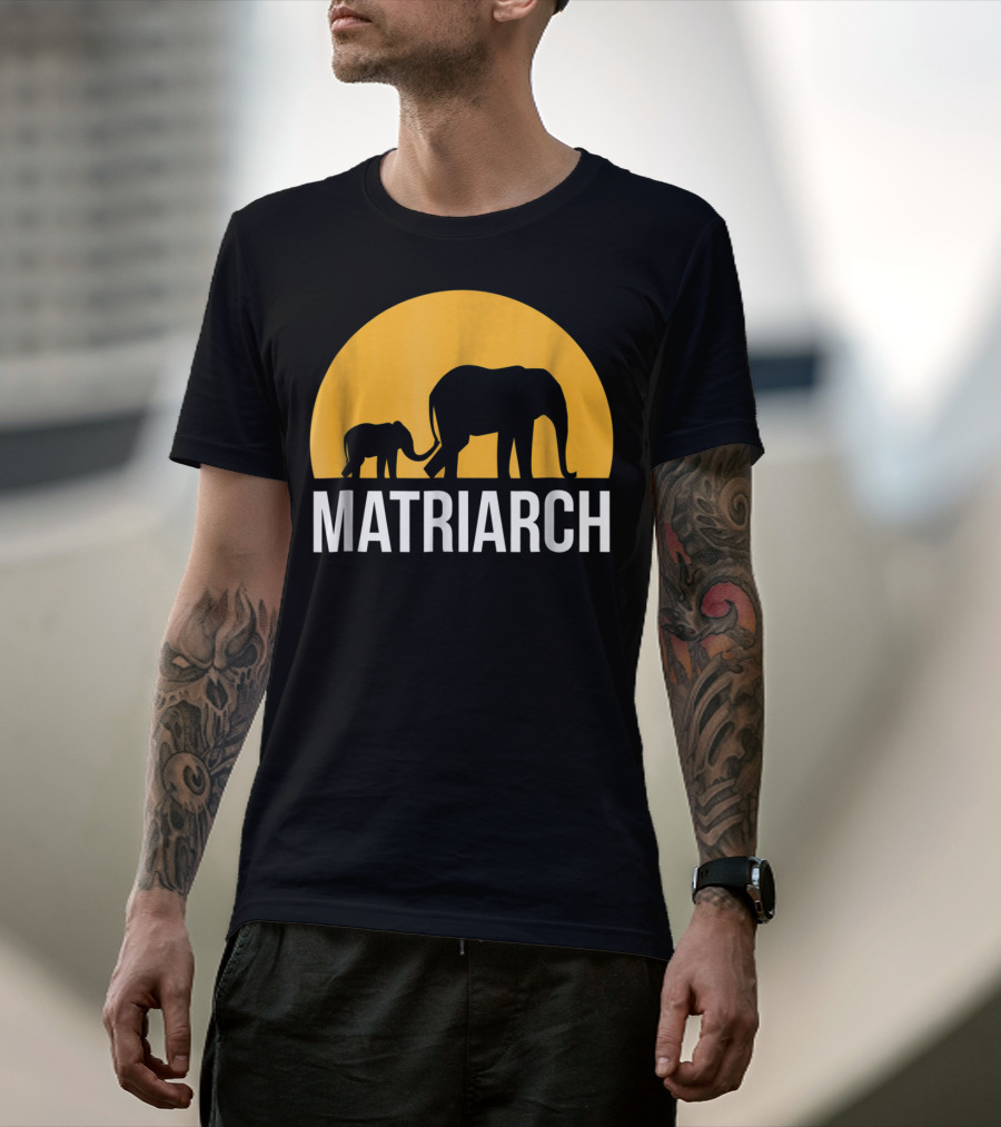 Matriarch Elephant Silhouette With Yellow Sunset Circle T-Shirt