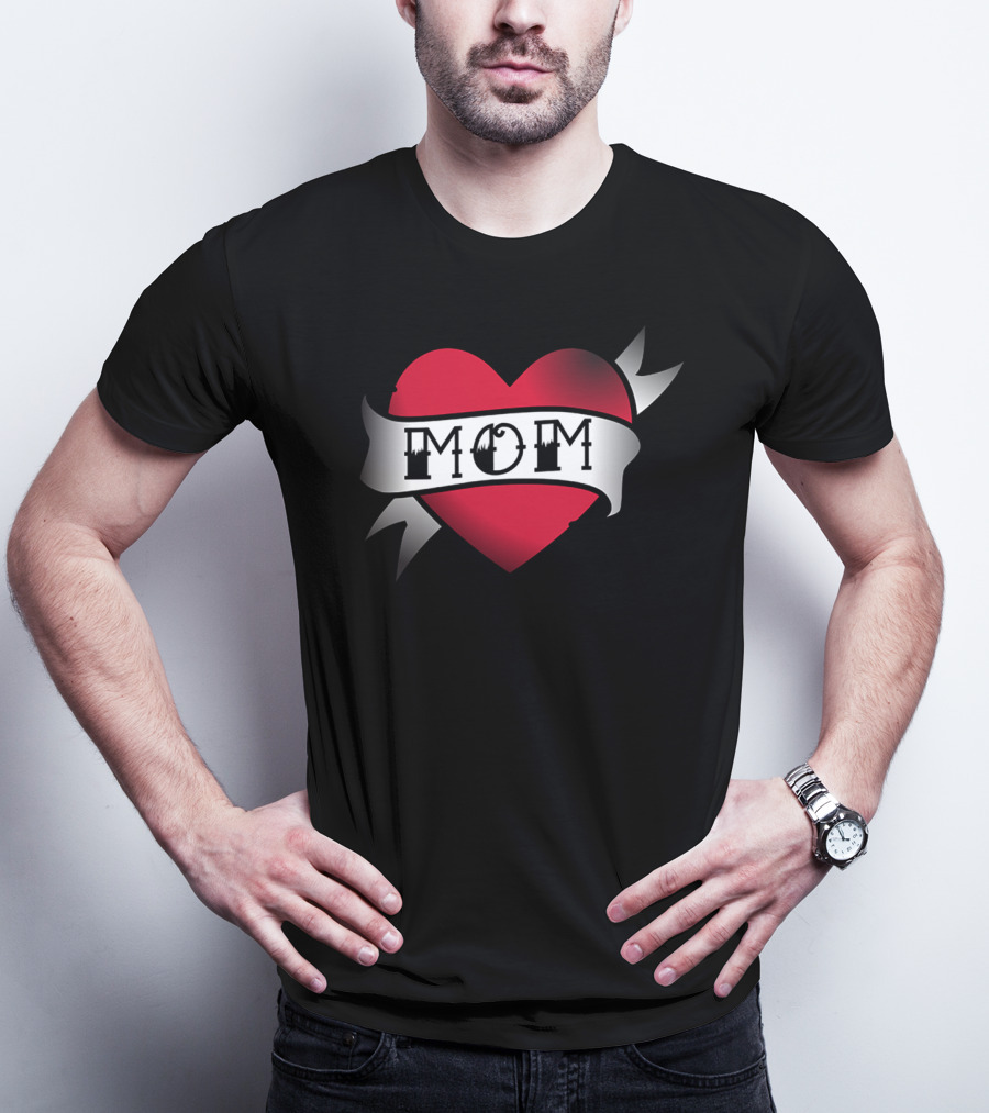 Mom Dark Red Heart Banner Tattoo T-Shirt