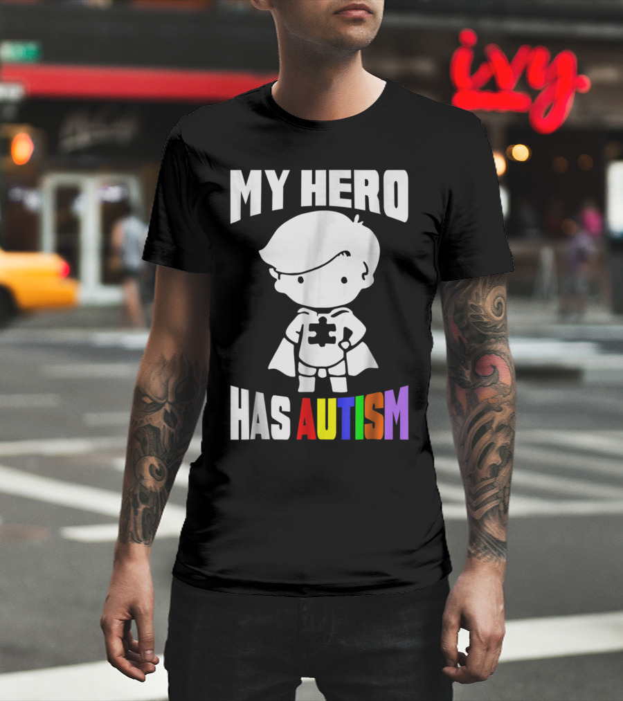 My Hero Has Autism Mom From Son56 Puzzle Cape Hero T-Shirt