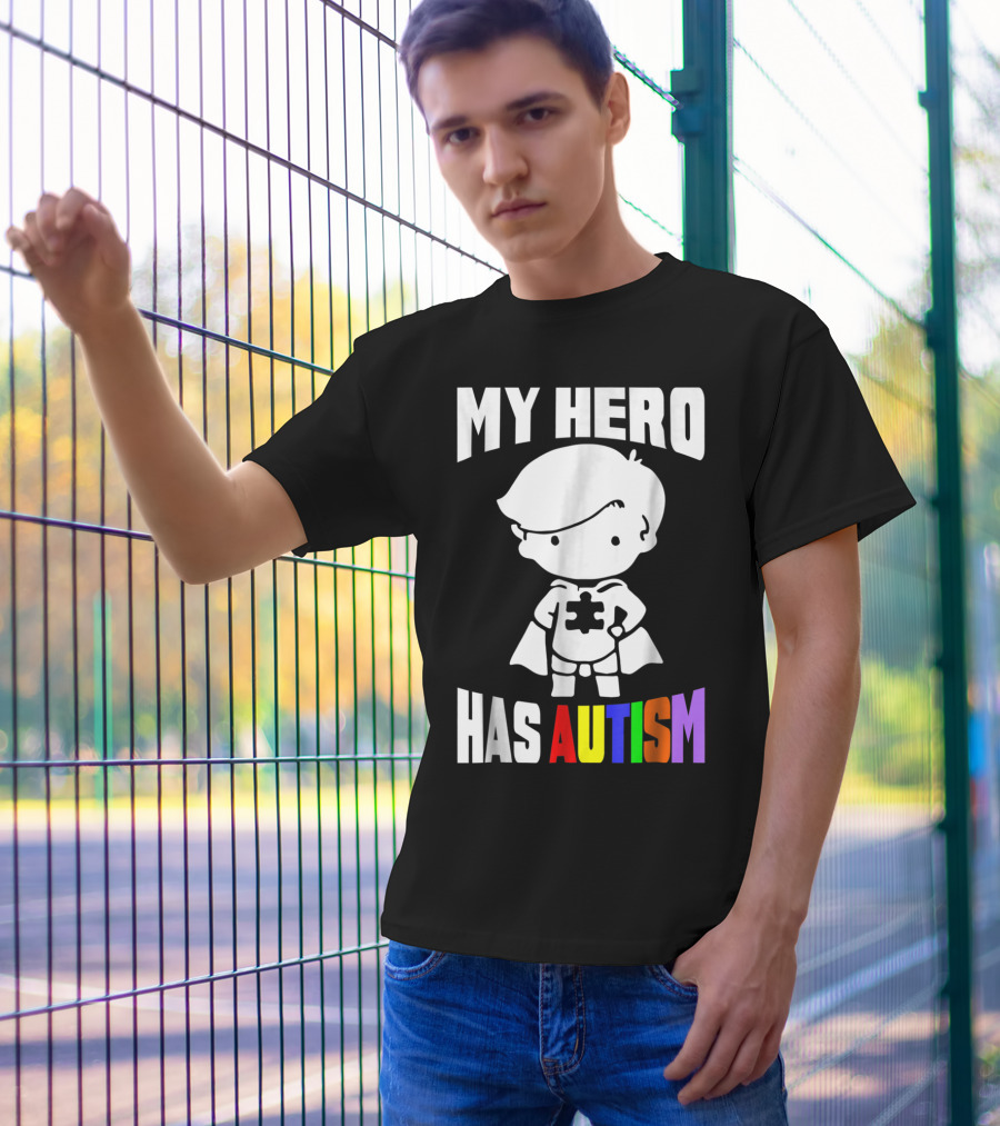 My Hero Has Autism Mom From Son56 Puzzle Cape Hero T-Shirt