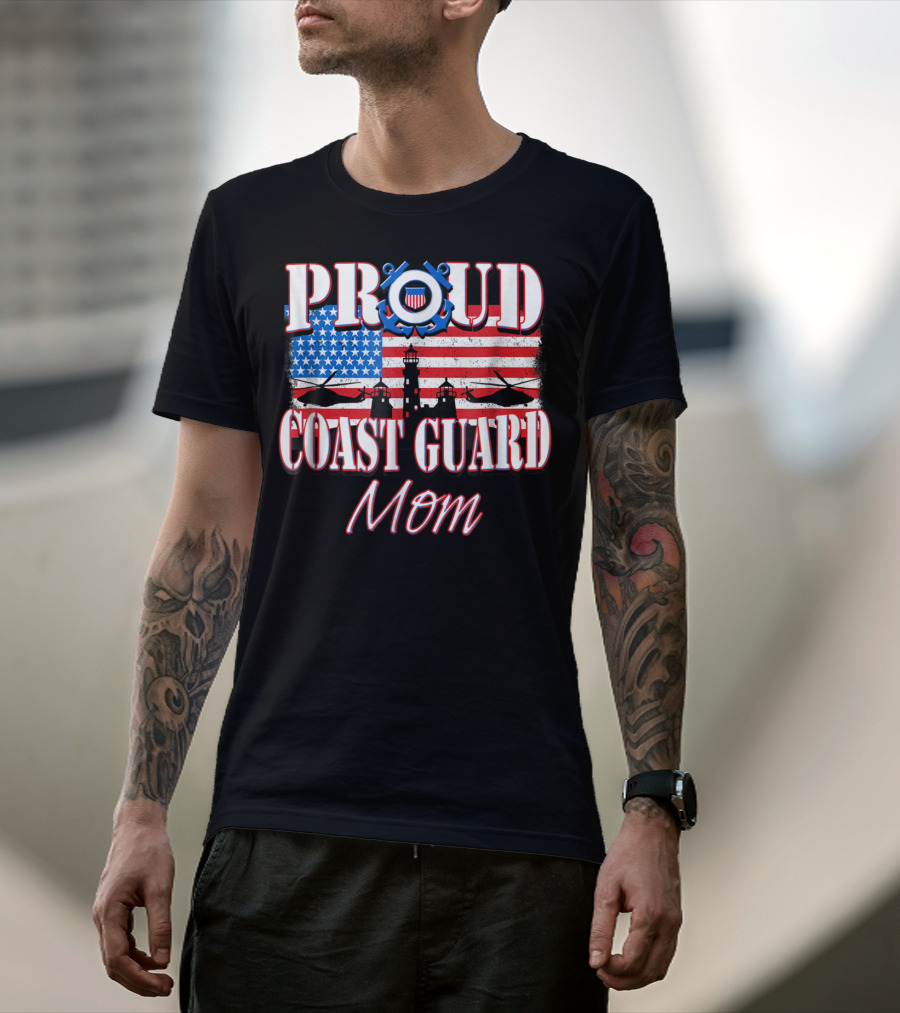 Proud Coast Guard Mom USA Flag Helicopters Lighthouse T-Shirt
