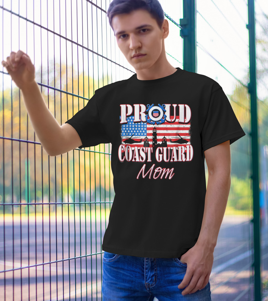 Proud Coast Guard Mom USA Flag Helicopters Lighthouse T-Shirt