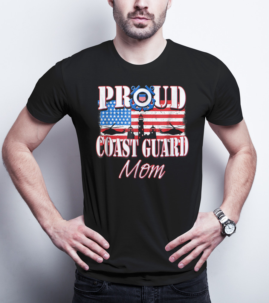 Proud Coast Guard Mom USA Flag Helicopters Lighthouse T-Shirt