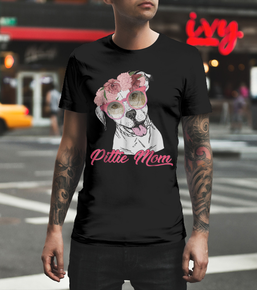 Pittie Mom With Flower Crown And Sunglasses Pitbull T-Shirt