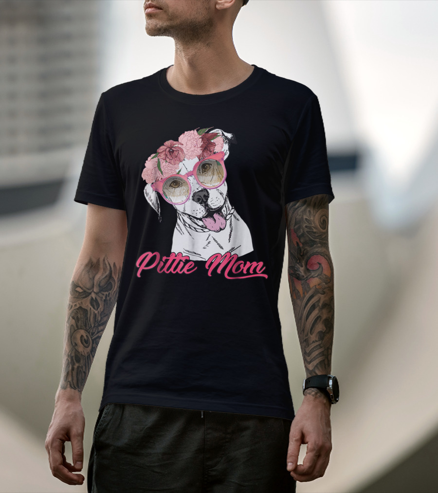 Pittie Mom With Flower Crown And Sunglasses Pitbull T-Shirt