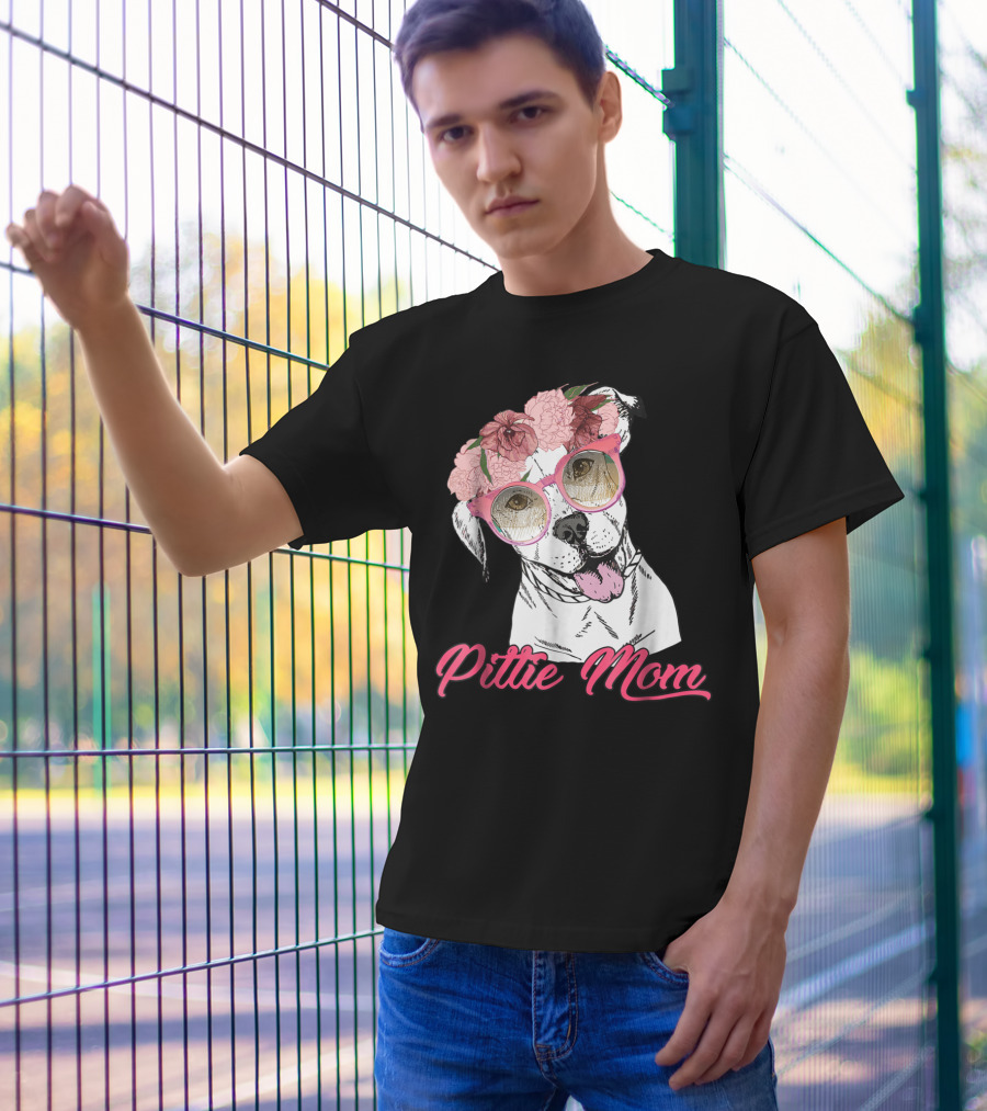 Pittie Mom With Flower Crown And Sunglasses Pitbull T-Shirt