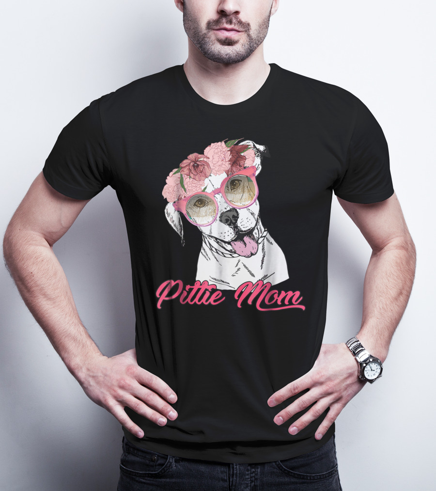 Pittie Mom With Flower Crown And Sunglasses Pitbull T-Shirt