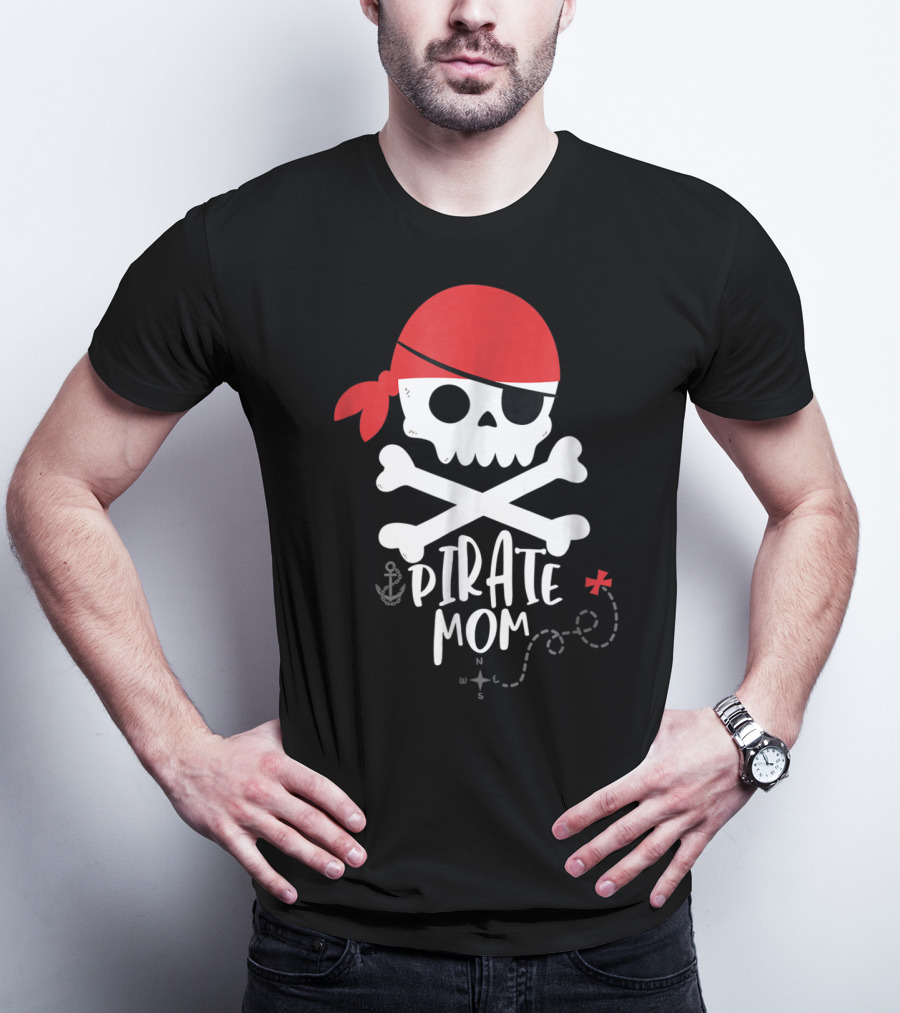 Pirate Mom Skull And Crossbones With Red Bandana Map Anchor T-Shirt