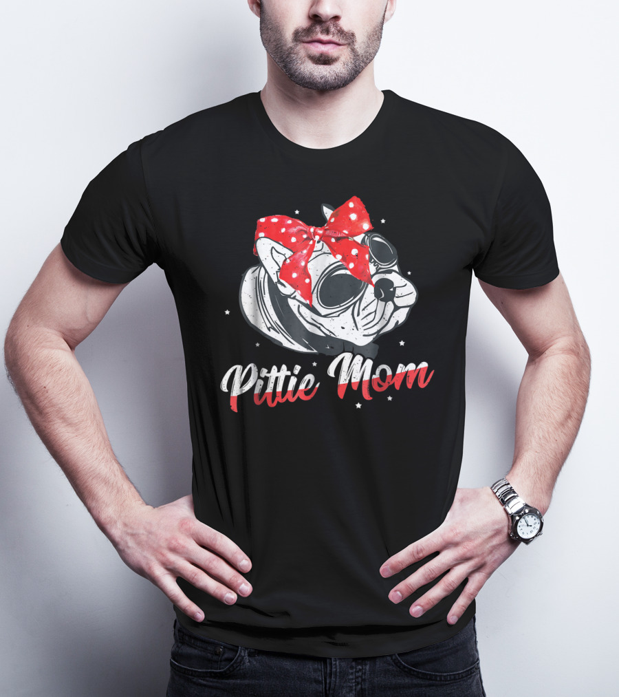 Pittie Mom American Pitbull Dog Lover Red Polka Dot Bow Glasses T-Shirt