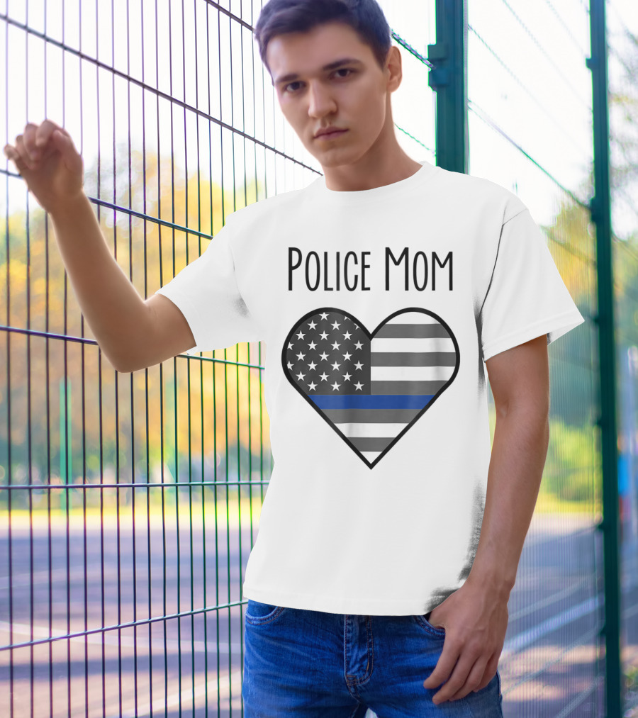 Police Mom Heart Thin Blue Line American Flag T-Shirt