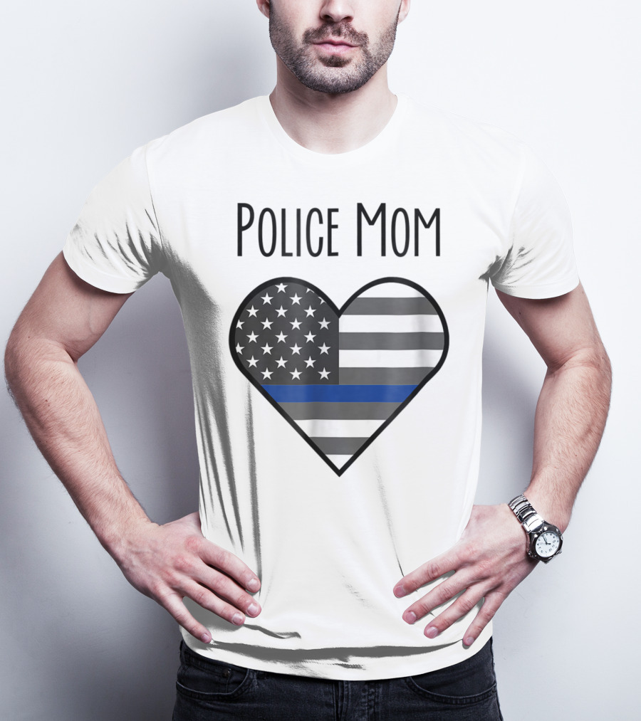 Police Mom Heart Thin Blue Line American Flag T-Shirt