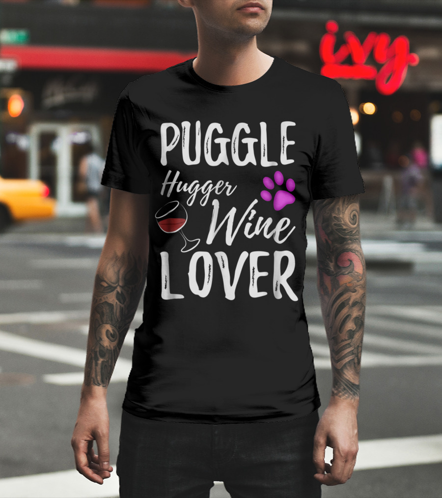 Puggle Hugger Wine Lover Paw Print Dog Parent T-Shirt