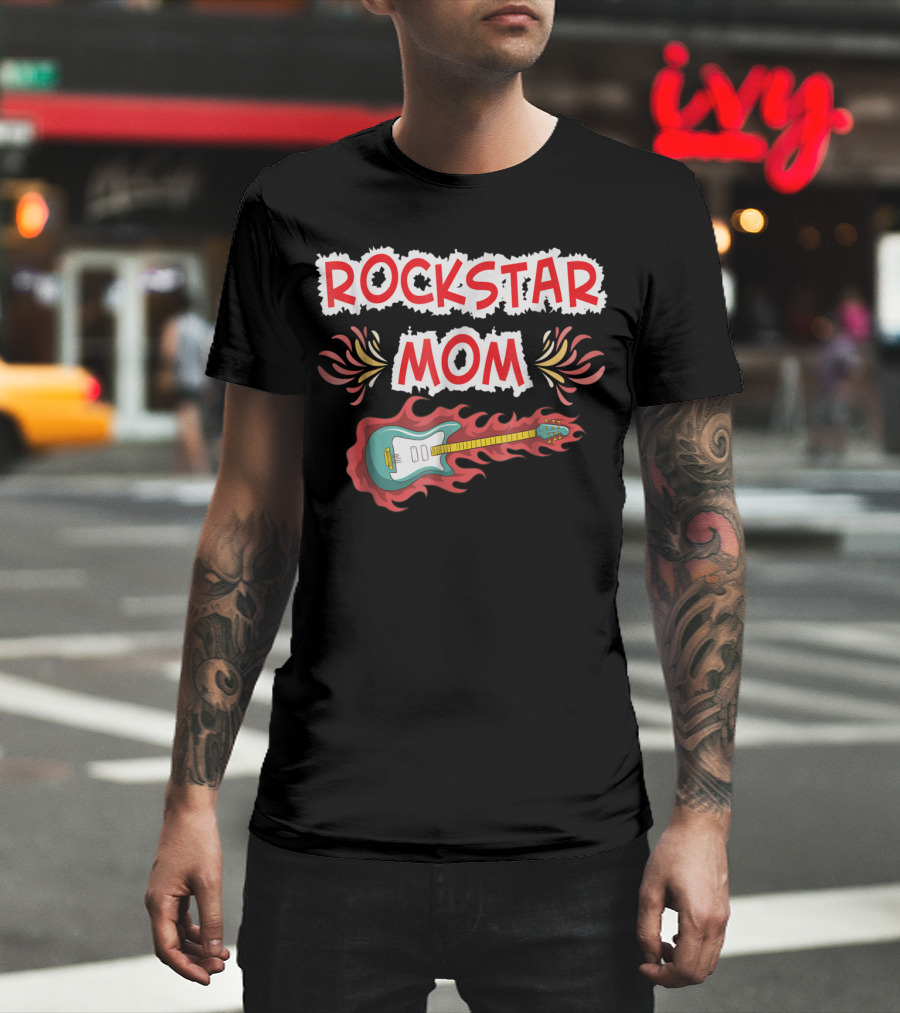 Rockstar Mom Electric Guitar Fire Design Rock Fan T-Shirt