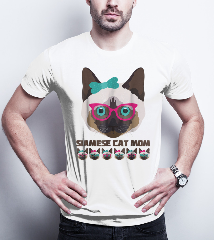 Siamese Cat Mom Cute Funny Cat Lover With Glasses And Bow T-Shirt