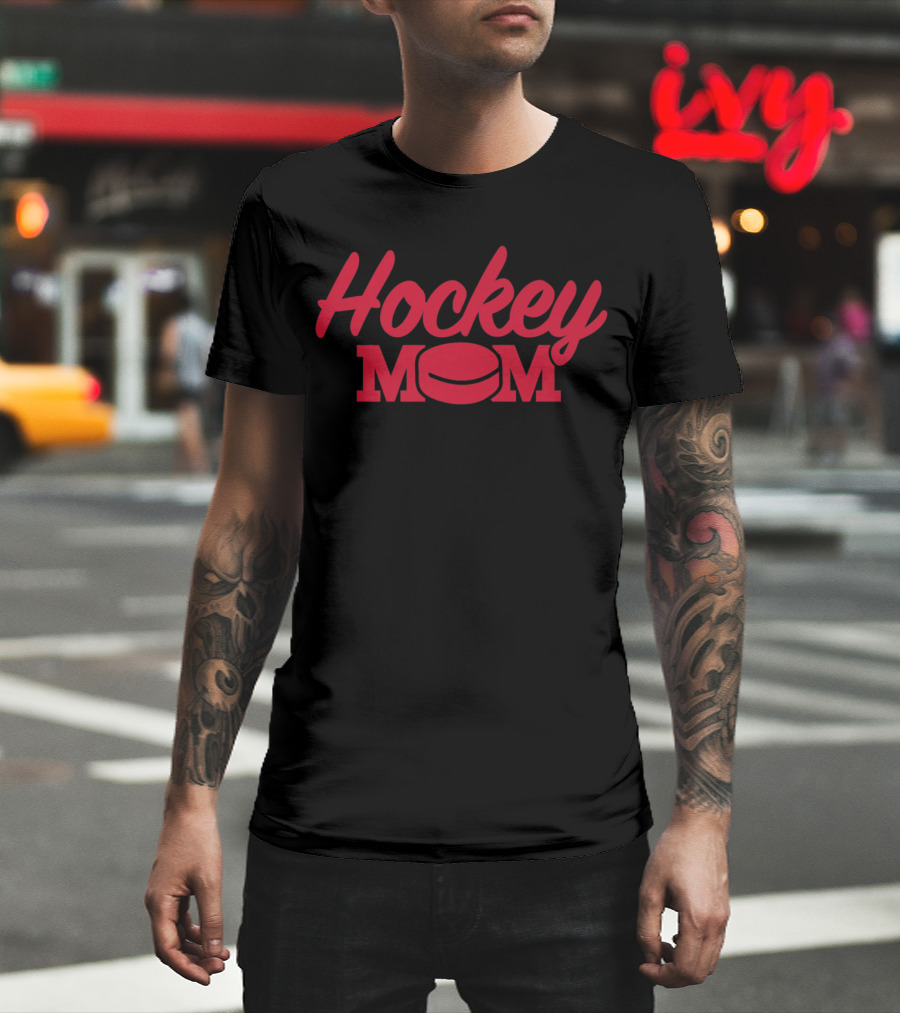 Hockey Mom Fitted Red Text With Puck T-Shirt