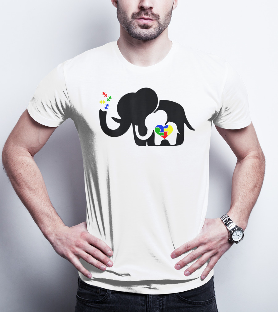 Autism Awareness Elephant With Puzzle Heart And Baby Elephant For Autism Mom T-Shirt