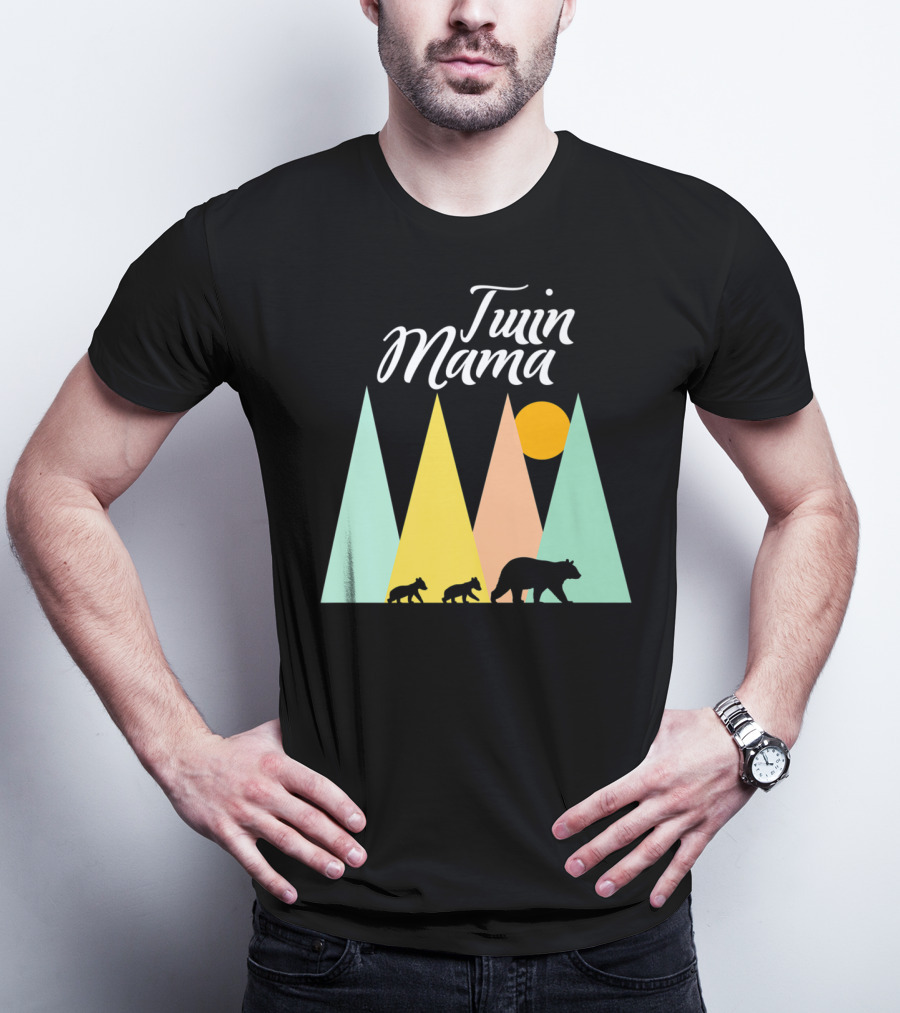 Twin Mama Bear With Cubs In Colorful Forest Scene T-Shirt