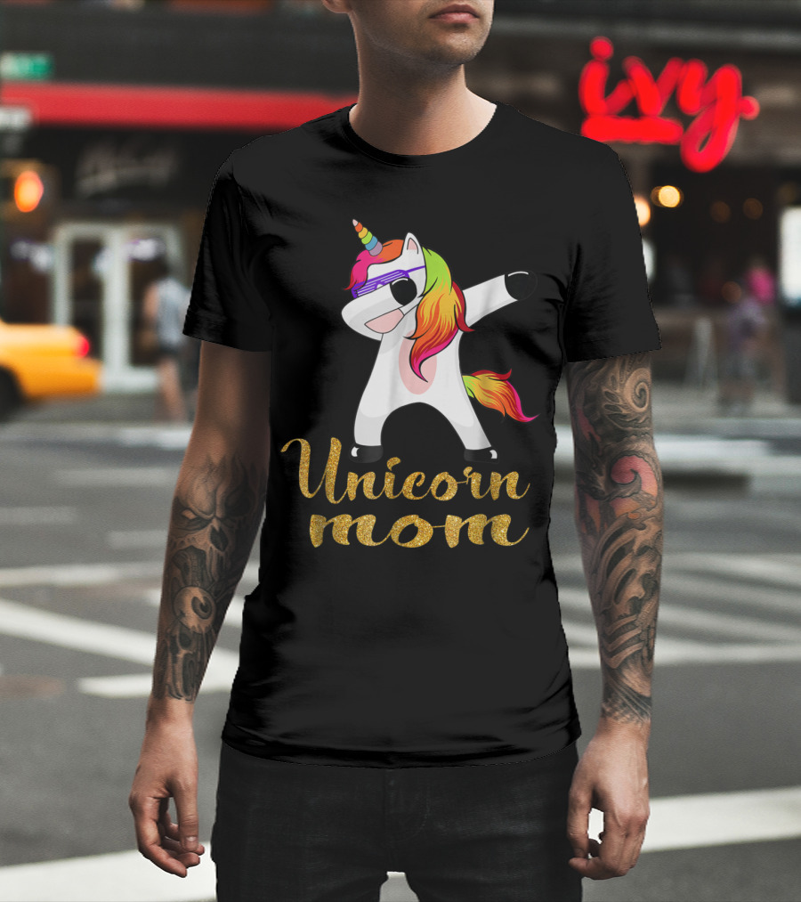 Unicorn Mom Glitter Text Rainbow Hair Dabbing Unicorn T-Shirt