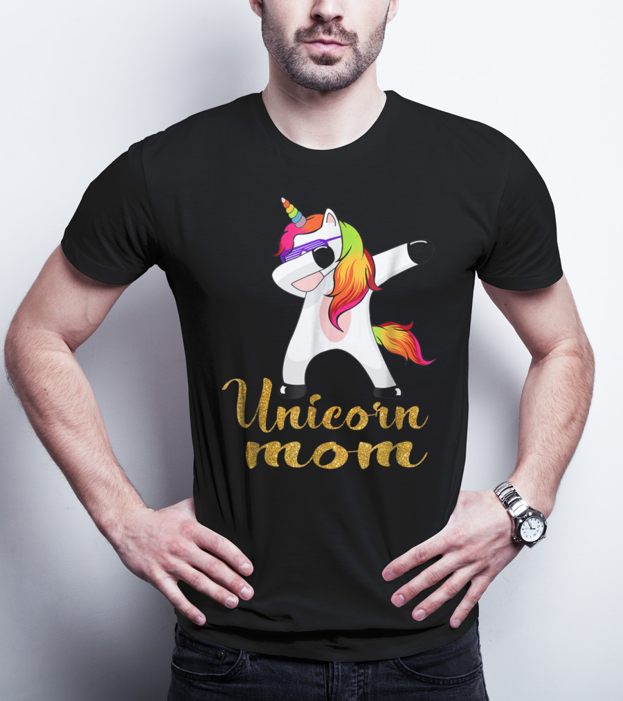 Unicorn Mom Glitter Text Rainbow Hair Dabbing Unicorn T-Shirt
