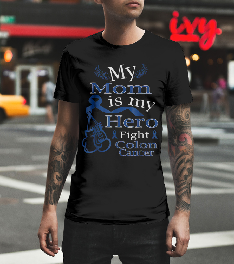 My Mom Is My Hero Fight Colon Cancer Blue Ribbon Boxing Gloves T-Shirt