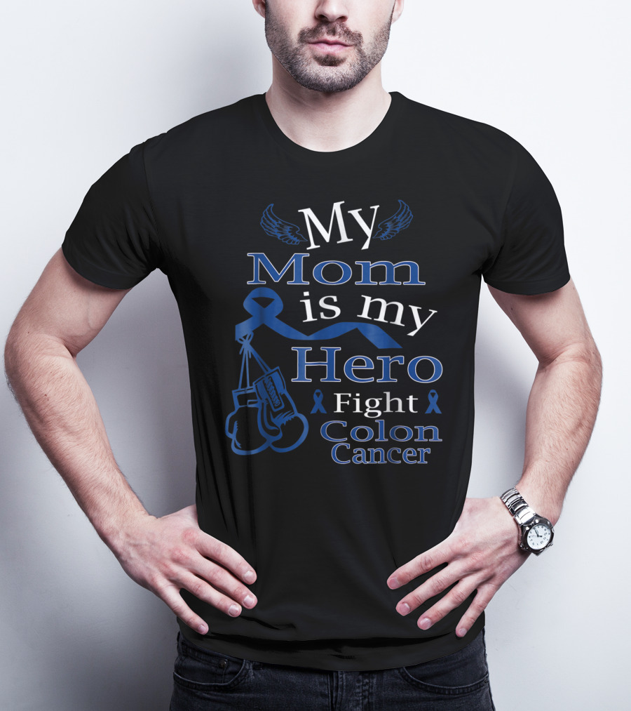 My Mom Is My Hero Fight Colon Cancer Blue Ribbon Boxing Gloves T-Shirt