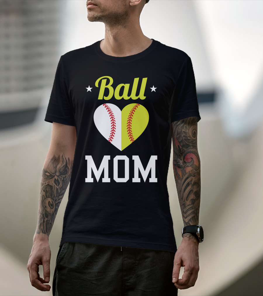 Ball Mom Heart Baseball Softball Dual Sports Mom T-Shirt