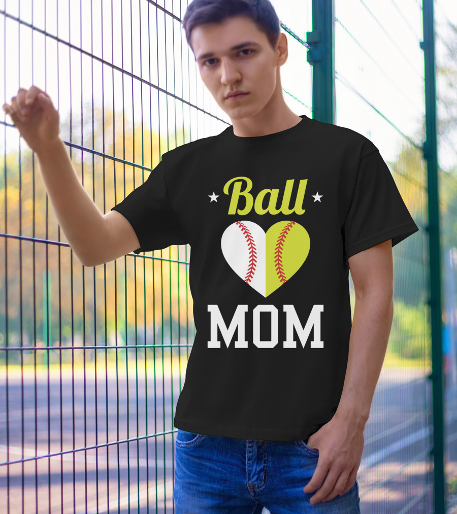 Ball Mom Heart Baseball Softball Dual Sports Mom T-Shirt