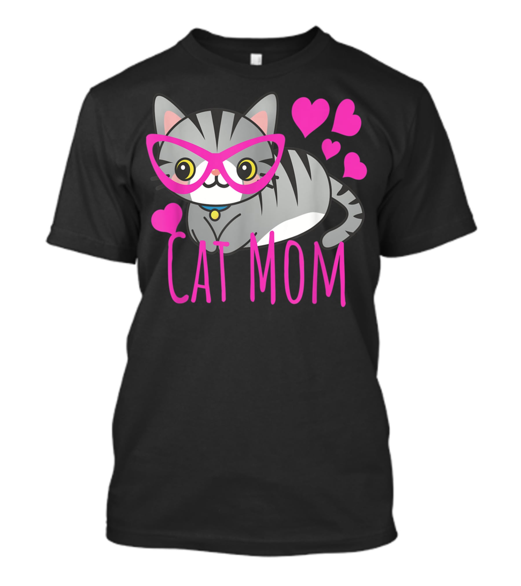 Cute Kawaii Cat Mom With Pink Glasses And Hearts T-Shirt