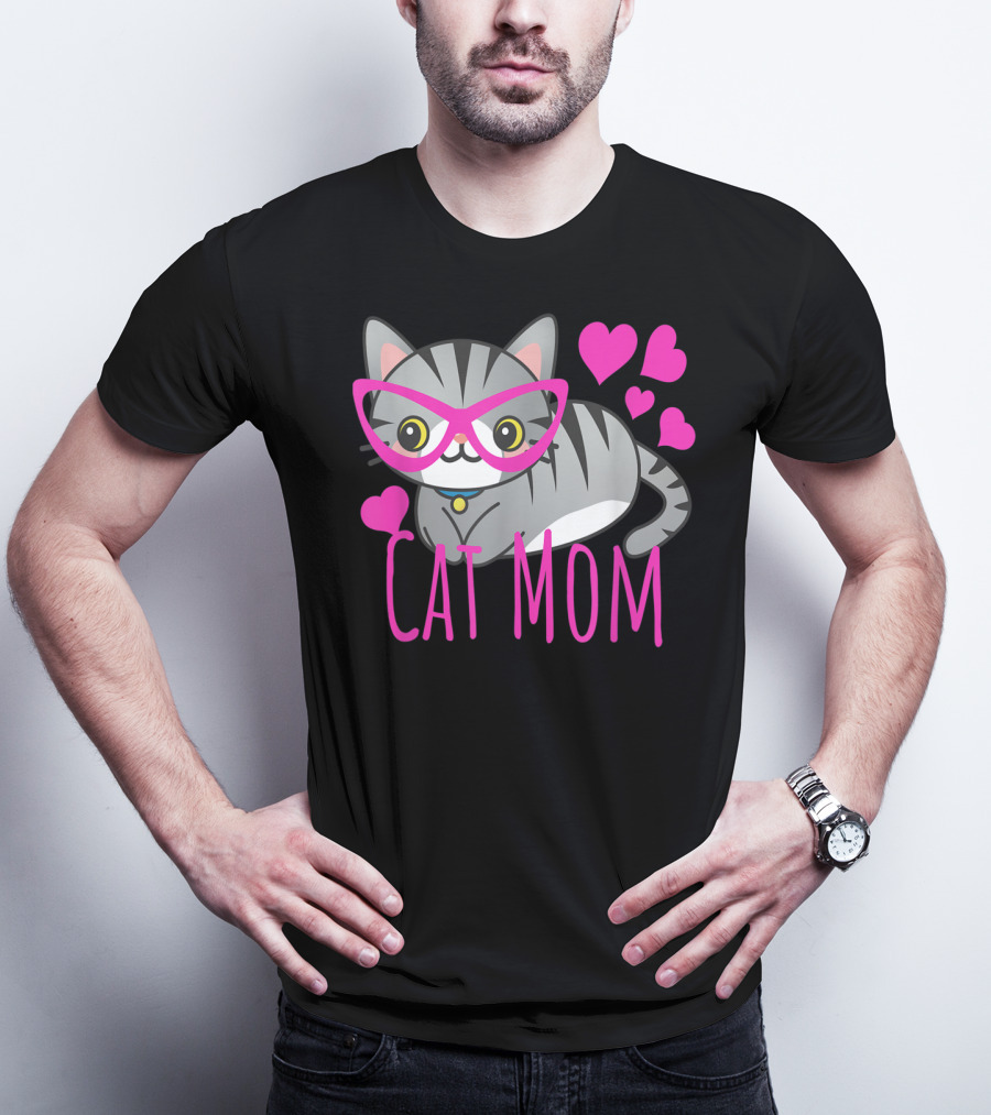 Cute Kawaii Cat Mom With Pink Glasses And Hearts T-Shirt