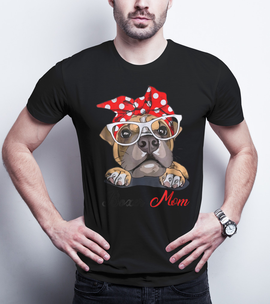 Boxer Mom Funny Boxer Dog With Glasses And Red Polka Dot Bandana T-Shirt