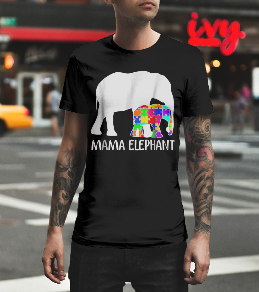 Mama Elephant Autism Awareness Puzzle Elephant Mother T-Shirt