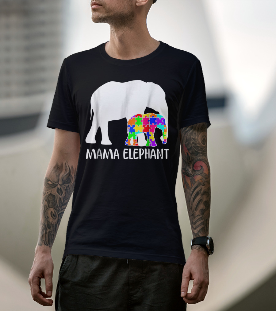 Mama Elephant Autism Awareness Puzzle Elephant Mother T-Shirt