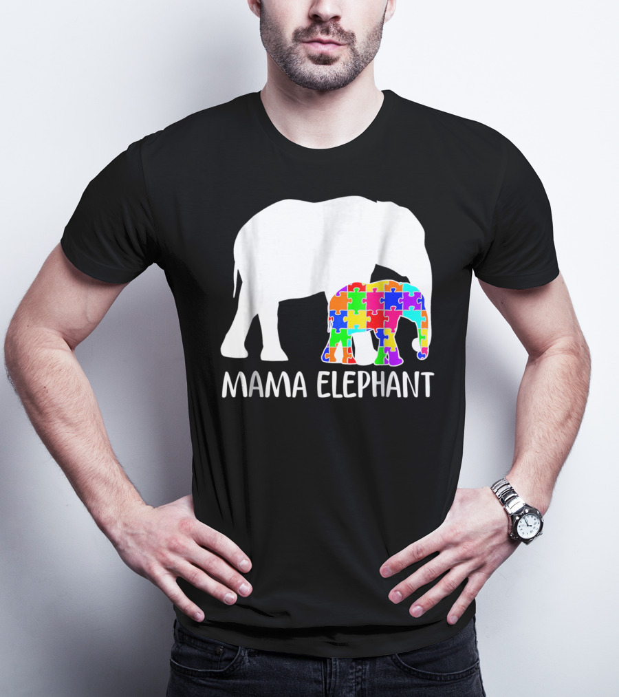 Mama Elephant Autism Awareness Puzzle Elephant Mother T-Shirt