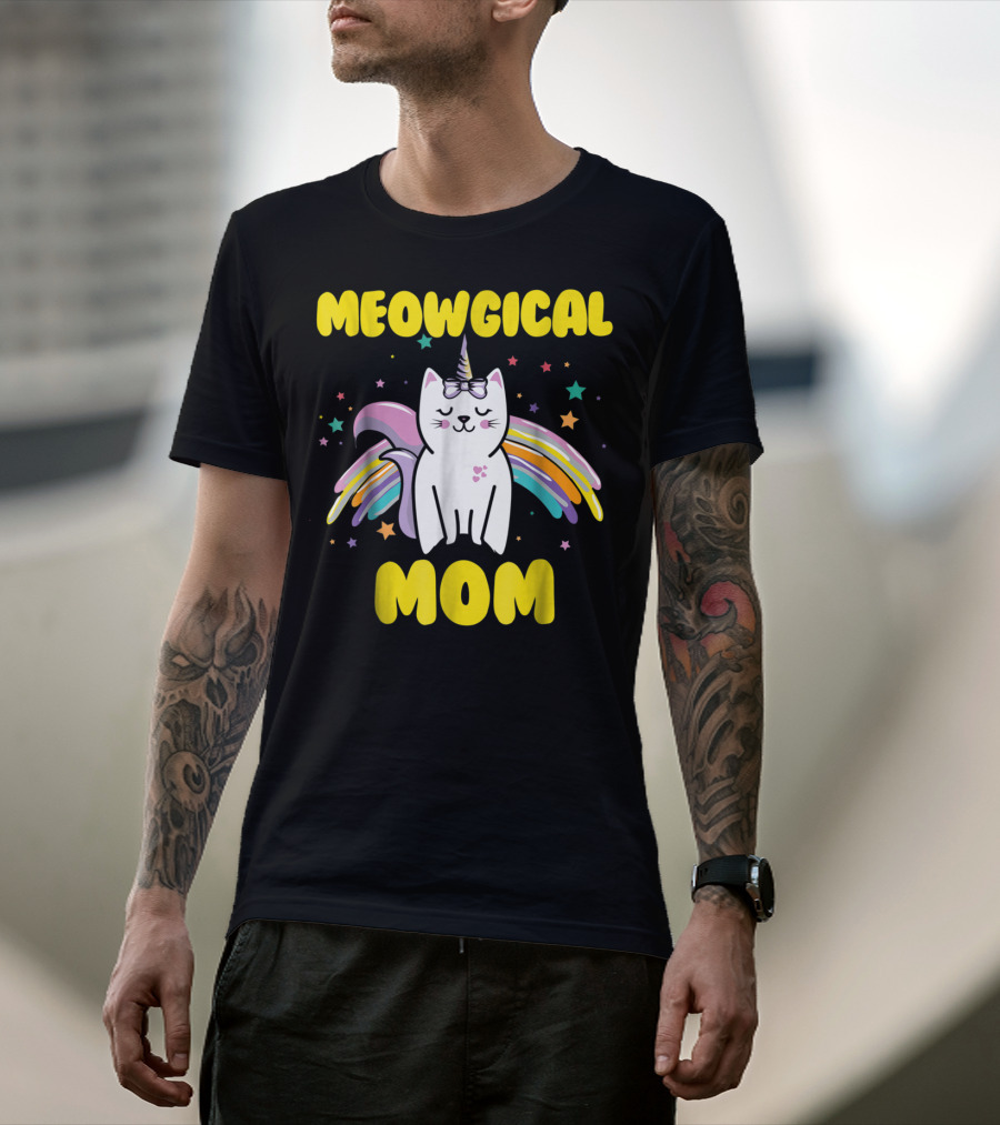 Meowgical Mom Magical Kitty Cat Unicorn Stars And Rainbow Wings T-Shirt