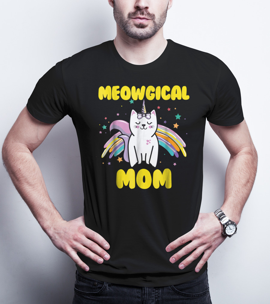 Meowgical Mom Magical Kitty Cat Unicorn Stars And Rainbow Wings T-Shirt