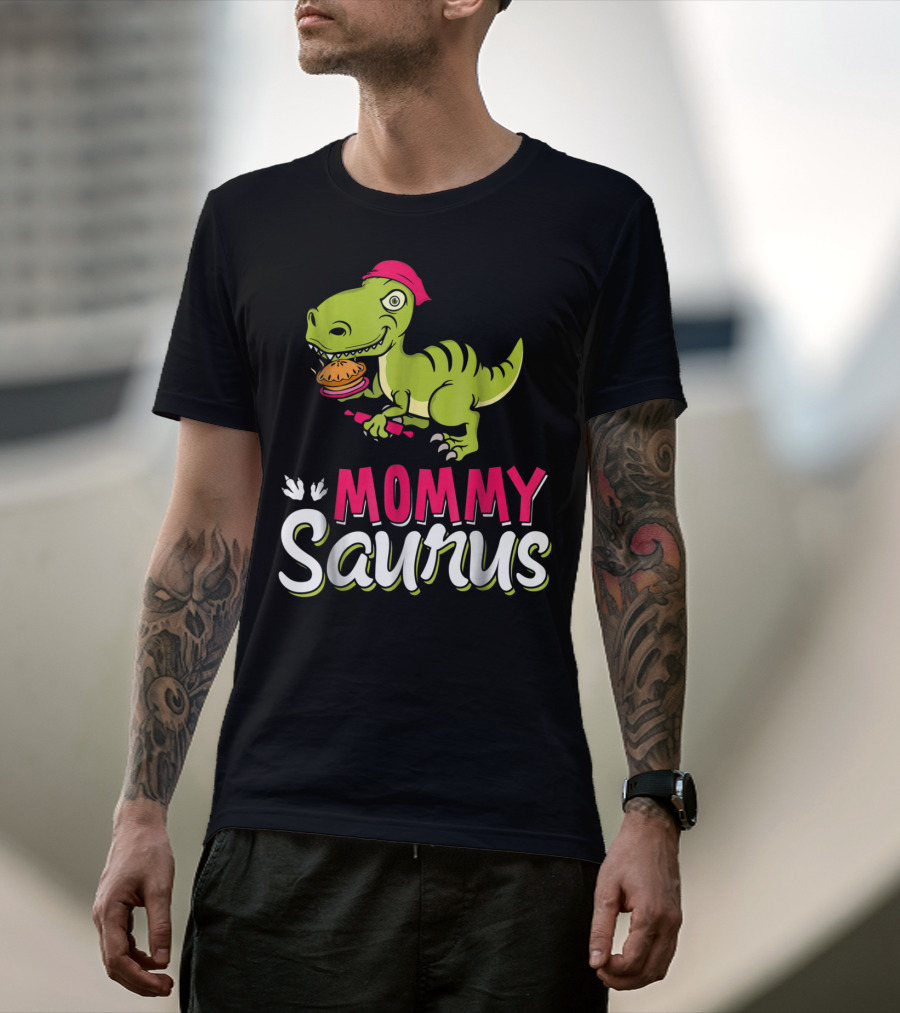 Mommy Saurus T-Rex Dinosaur With Burger And Red Bandana T-Shirt