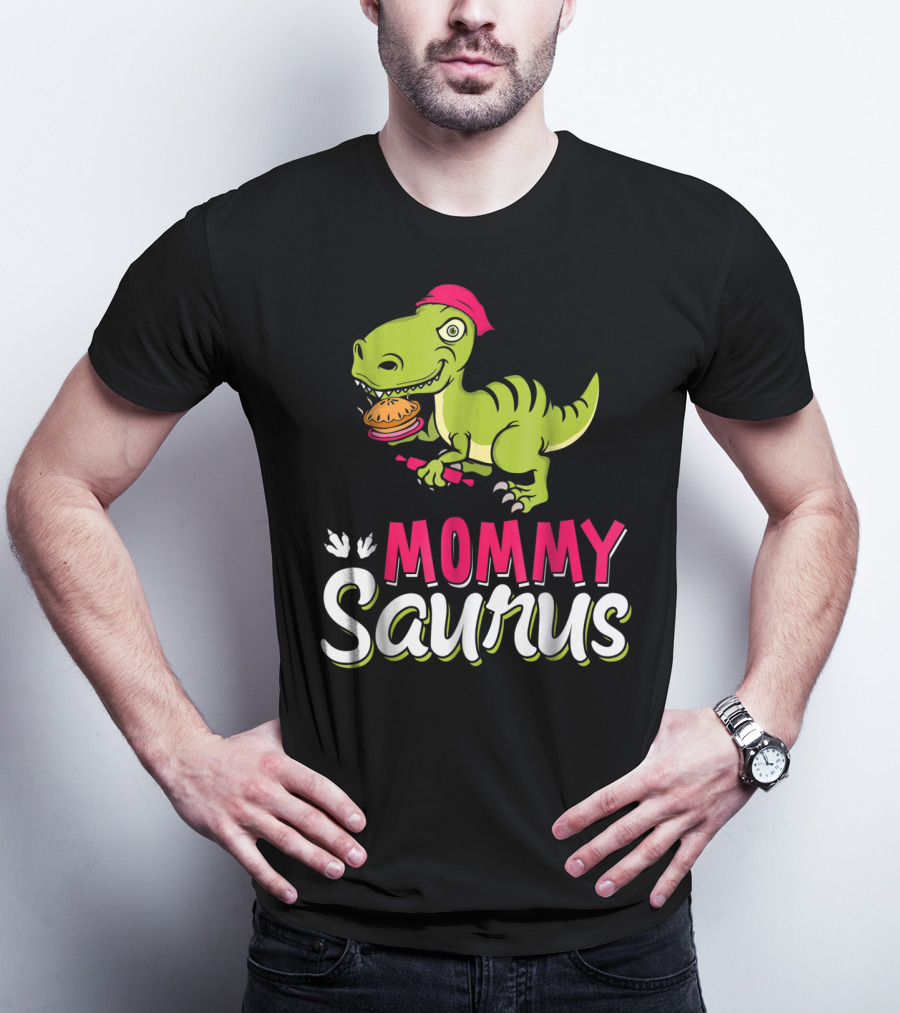 Mommy Saurus T-Rex Dinosaur With Burger And Red Bandana T-Shirt