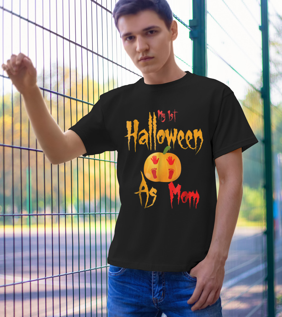 My 1st Halloween As Mom Pumpkin With Baby Footprints And Handprints T-Shirt