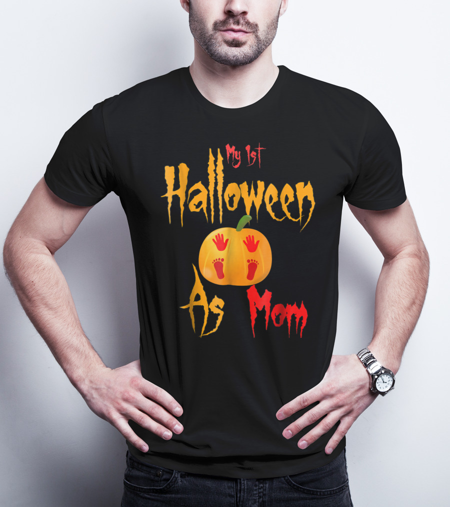 My 1st Halloween As Mom Pumpkin With Baby Footprints And Handprints T-Shirt