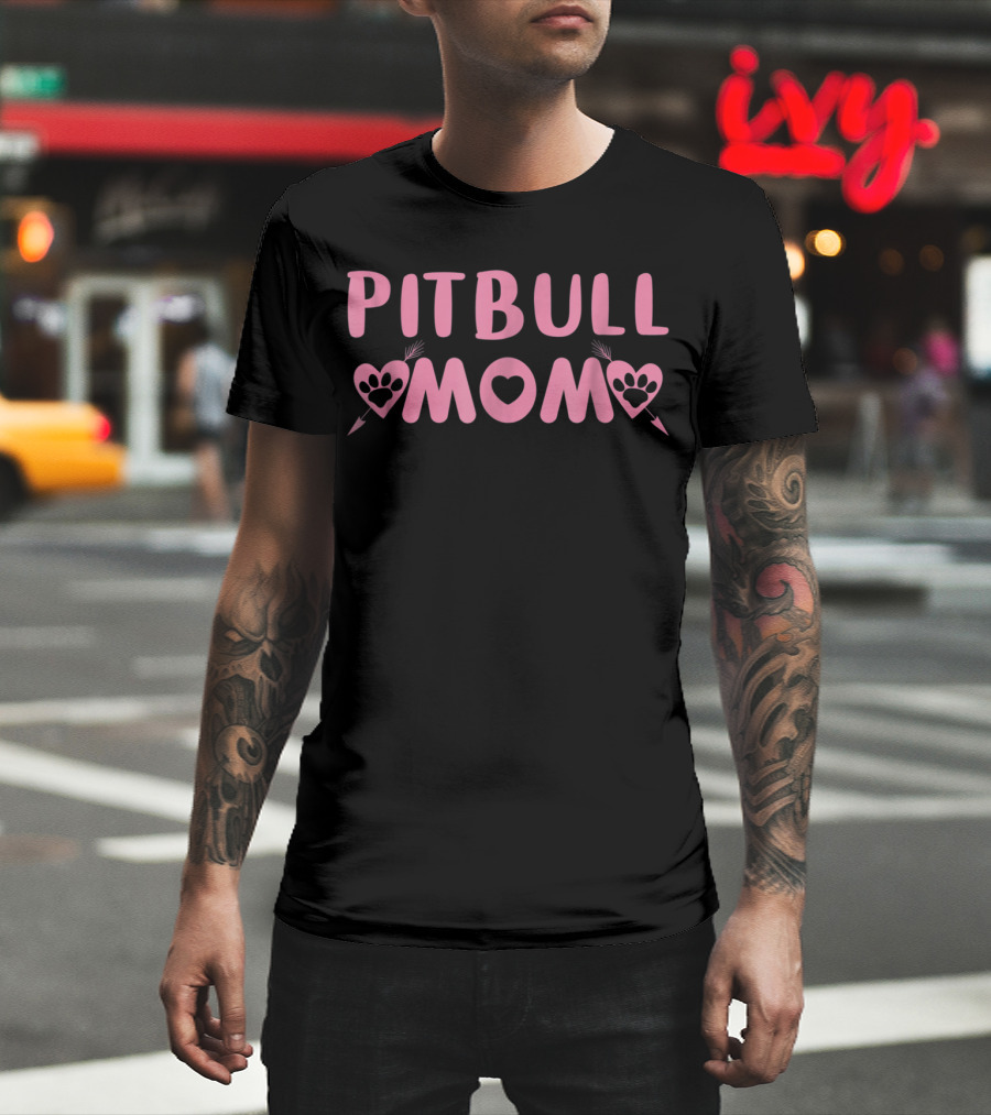 Pitbull Mom Heart Paw Arrow Pink T-Shirt