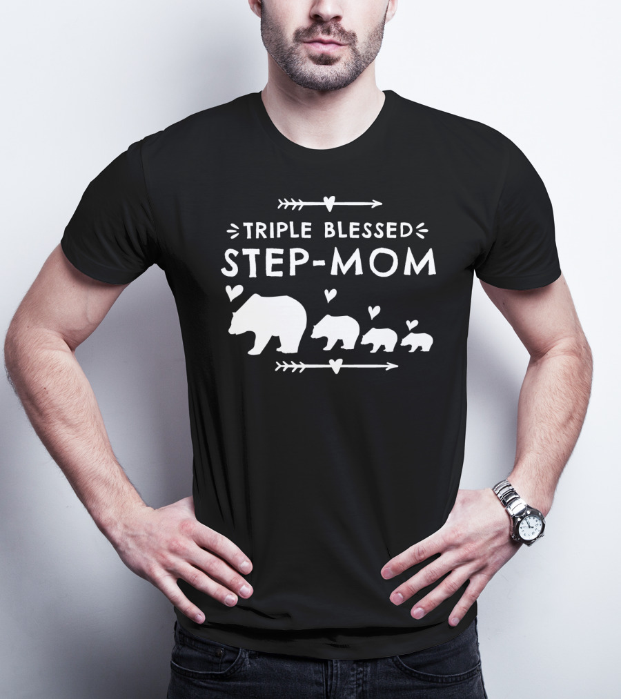 Triple Blessed Step-Mom Bear With Heart And Arrow Motif T-Shirt