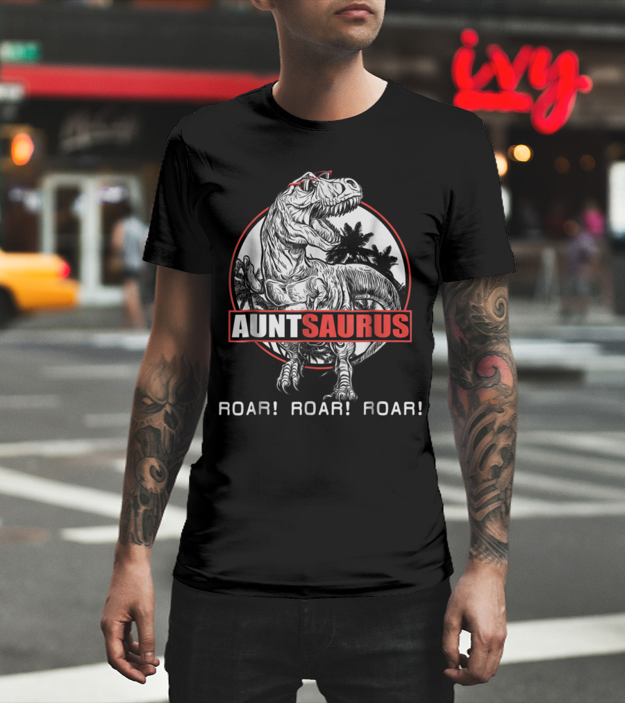 Auntsaurus Roar Roar Roar Dinosaur With Sunglasses And Palm Trees T-Shirt