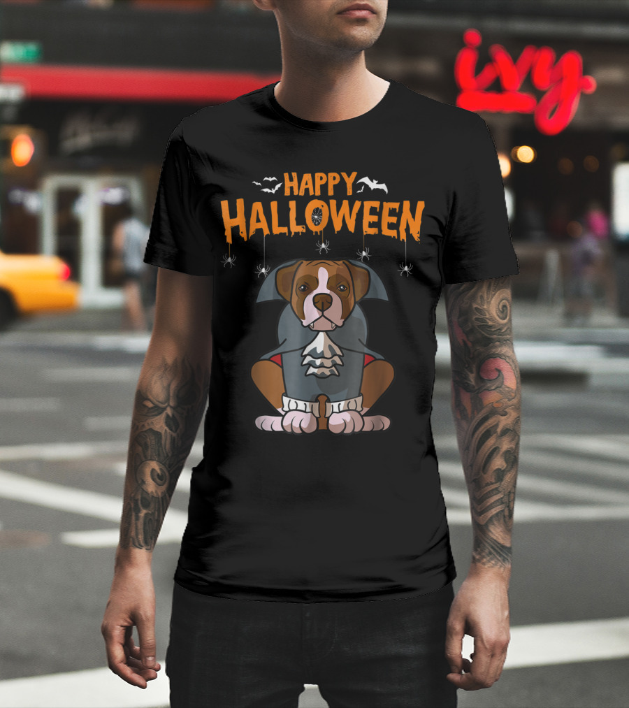 Happy Halloween Funny Boxer Dog Costume With Bats And Spiders T-Shirt