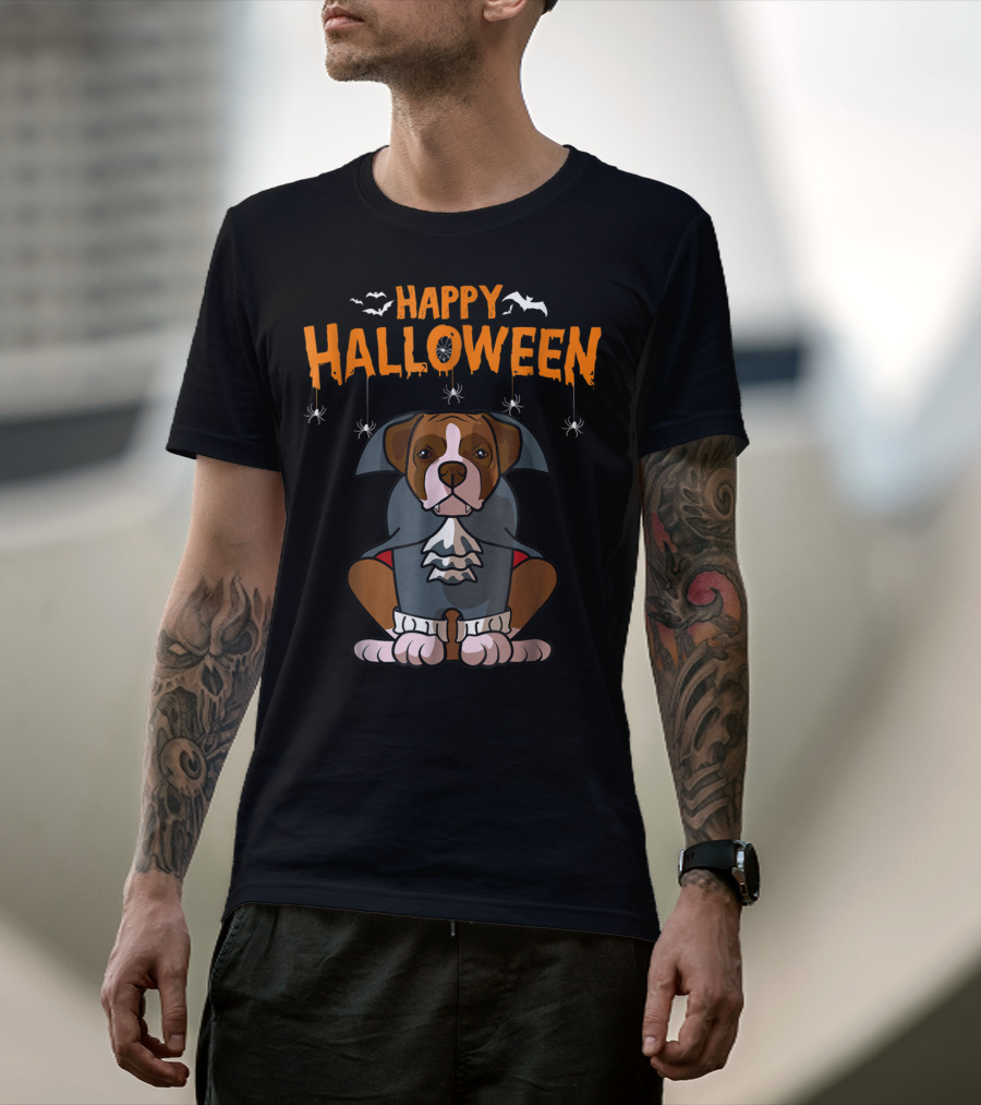Happy Halloween Funny Boxer Dog Costume With Bats And Spiders T-Shirt
